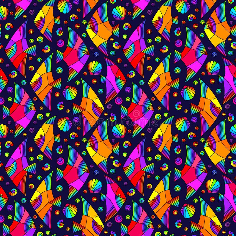 Seamless Illustration with Bright Rainbow Fish and Shells, Bright Fish ...