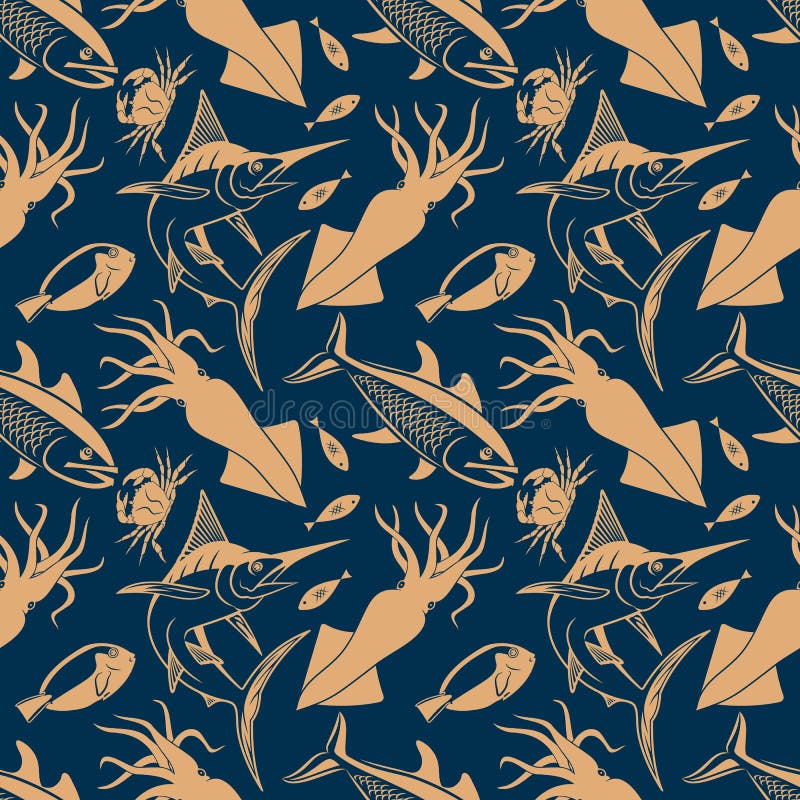Seamless Pattern with Marlin Fish, Salmon Fish, Squid and King Crab ...
