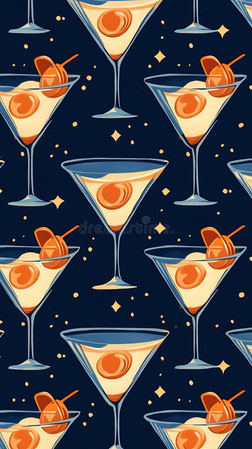 Seamless Pattern of Martini Glasses with Olives on a Dark Blue ...