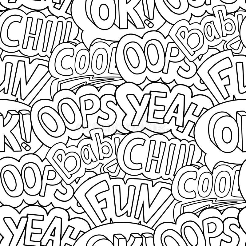 Seamless Pattern, Mass of Words, Retro Cool Comic Style. Black and ...