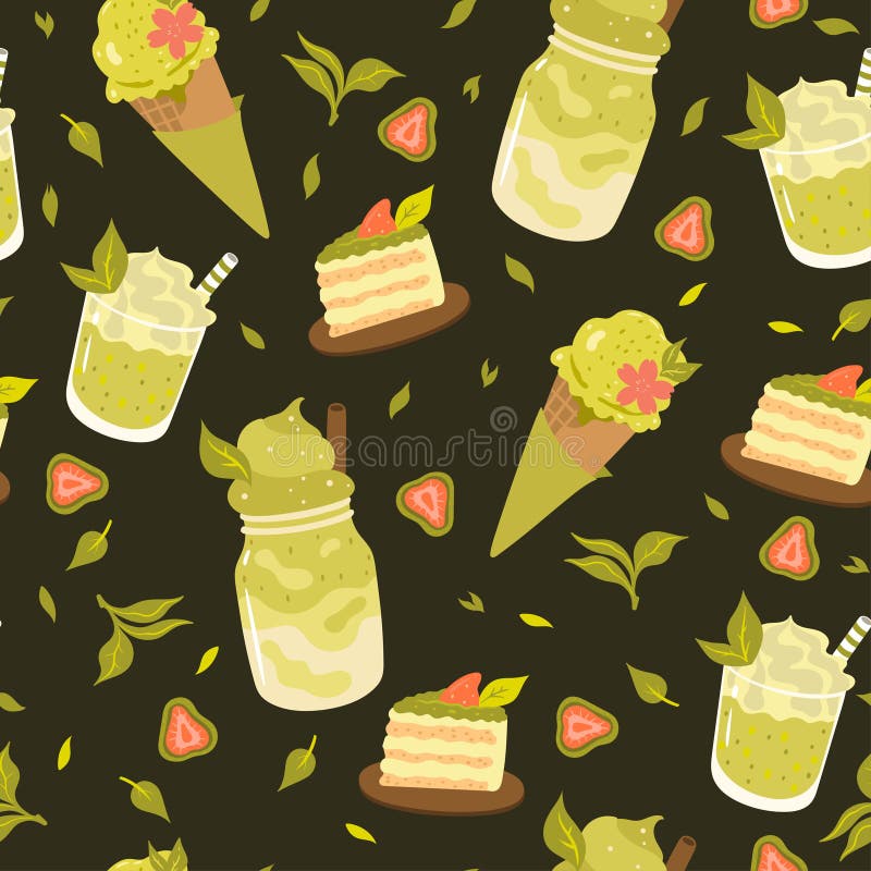 Seamless Pattern with Matcha Green Tea Products. Vector Graphics Stock ...