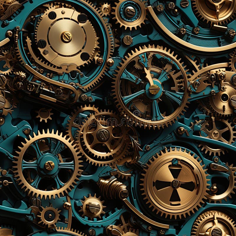 Seamless Pattern of the Mechanism with Brass Gears on Blue Background ...
