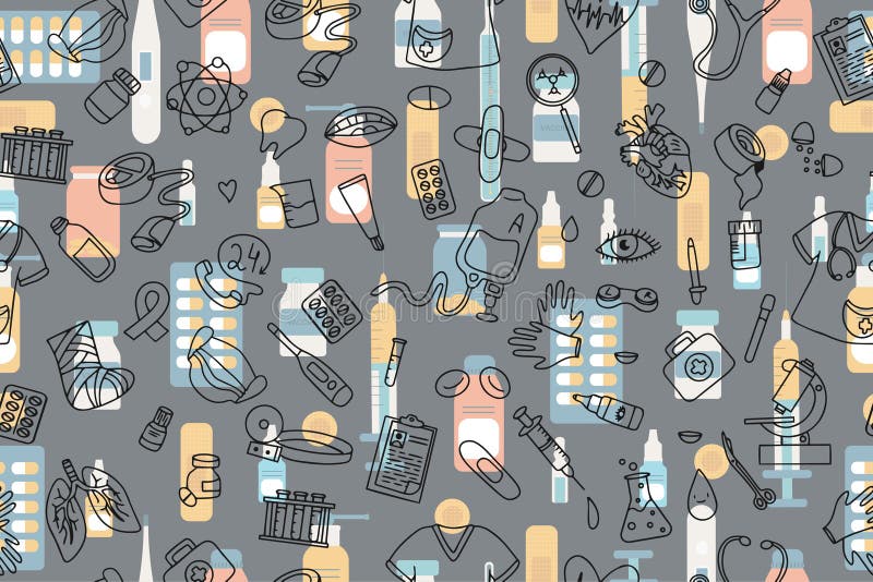 Seamless Pattern of Medical Products, Medicines, Clothes, First Aid Kit ...