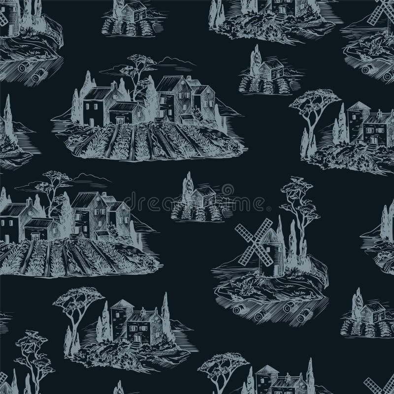Seamless Pattern with Medieval Houses and Mill in Toile Style. Vector ...