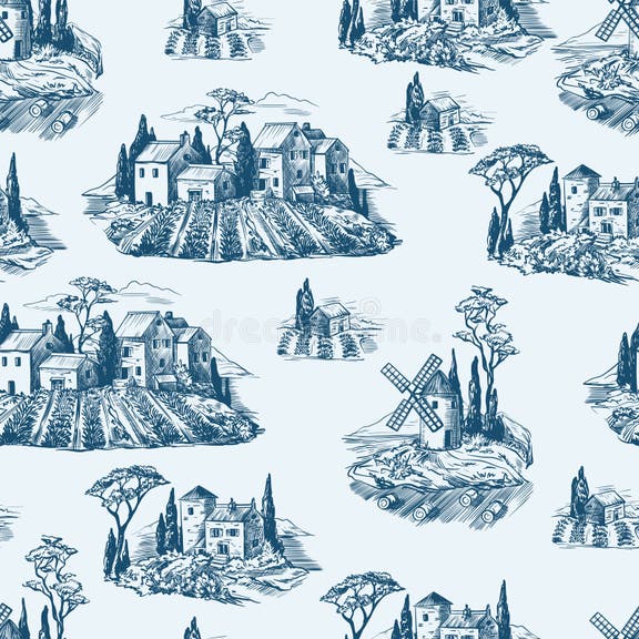 Seamless Pattern with Medieval Houses and Mill in Toile Style. Vector ...