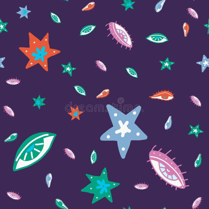 Seamless Pattern in Medieval Sky Style with Eyes and Stars on a White ...