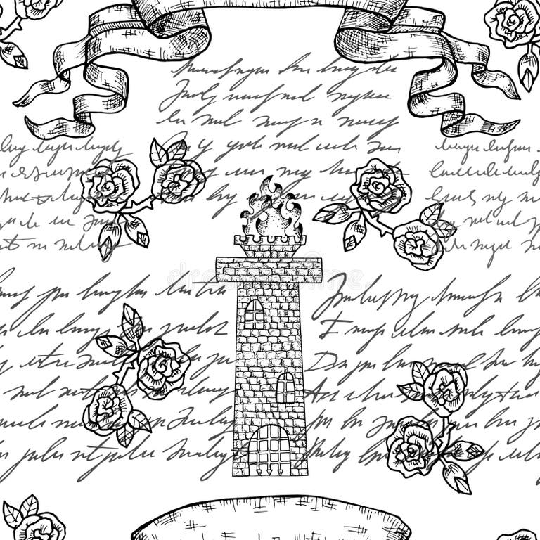 Seamless Pattern with Medieval Tower, Banner and Handwritten Text on ...