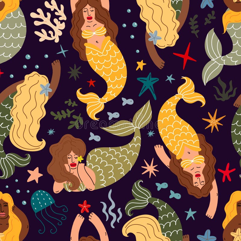 Seamless Pattern With Mermaids And Marine Life Stock Vector