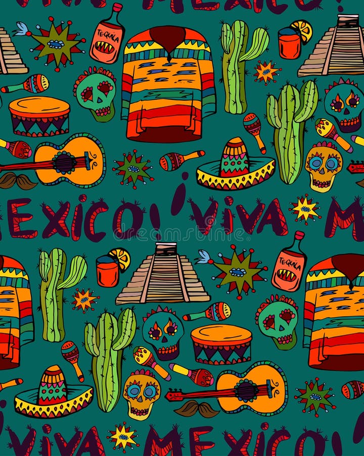 Seamless Pattern with Mexican Symbols Stock Vector - Illustration of ...