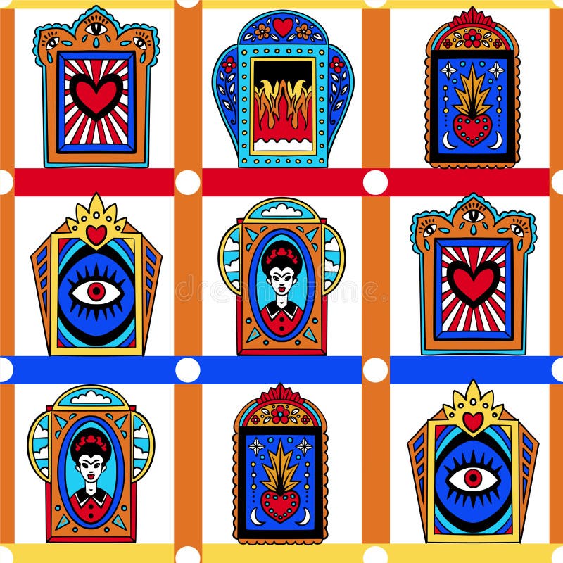 Seamless Pattern with Mexican Windows, Heart and Sugat Elements. Vector ...