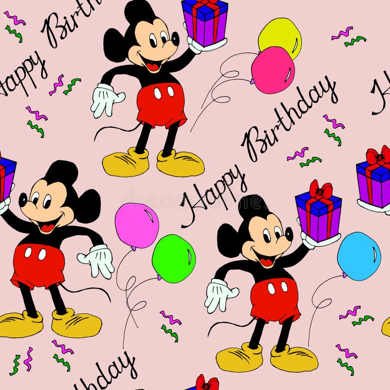 Seamless pattern, mickey mouse with a gift and balloons for birthday on ...