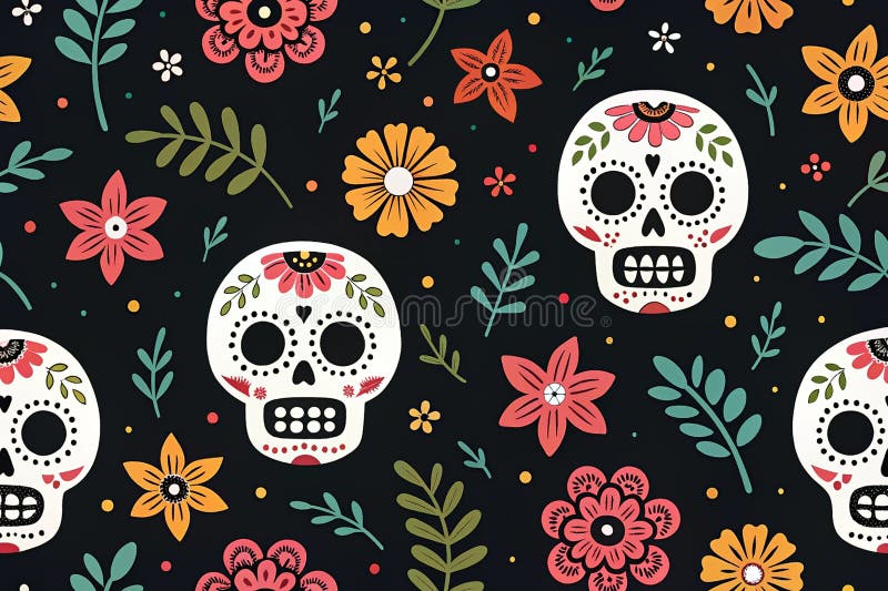 Seamless Pattern of Minimal Sugar Skulls Pattern, Clean Vector Art, Solid Colors No Gradient ...