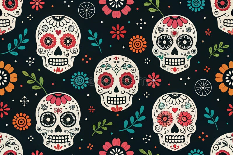 Seamless Pattern of Minimal Sugar Skulls Pattern, Clean Vector Art ...