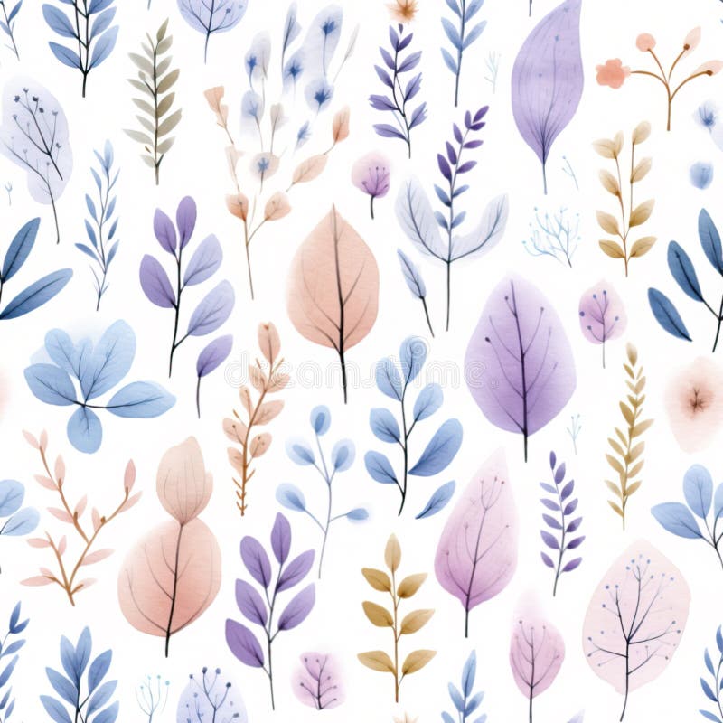 Seamless Pattern with Minimalistic Plants and Flowers in Watercolor ...