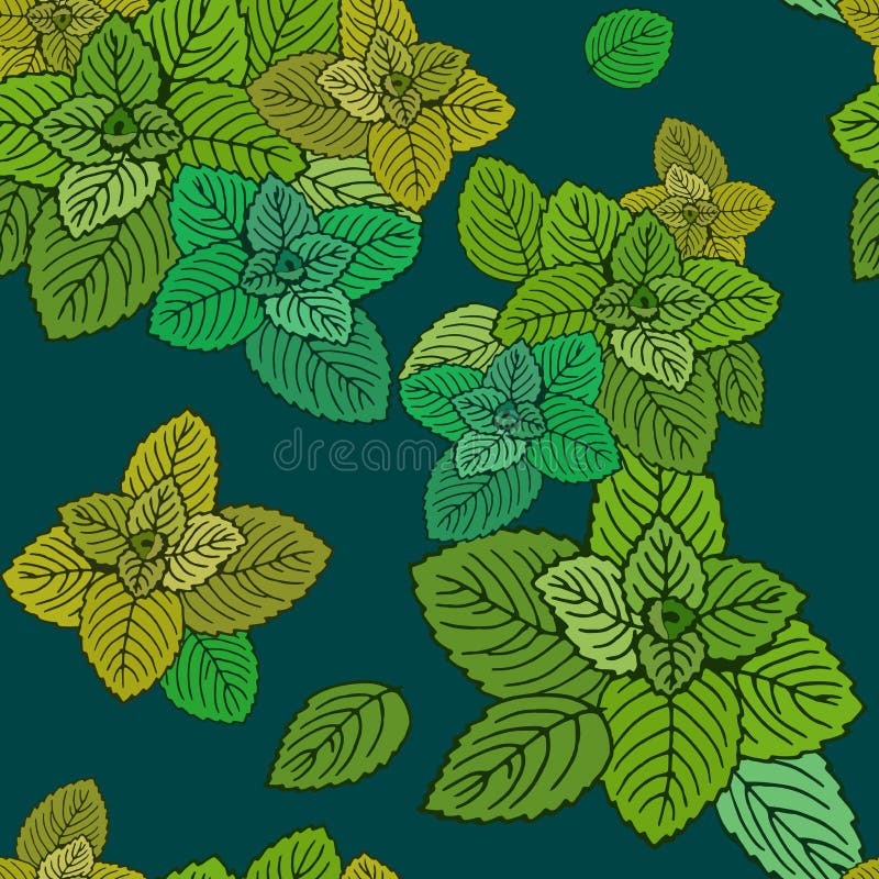 Seamless Pattern of Mint Leaves on a Blue Background. Stock Vector ...