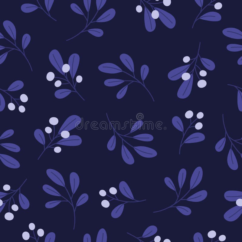 Seamless Pattern with Mistletoe Branches on Dark Blue Background. Good ...