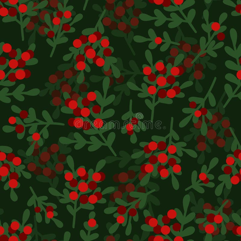 Seamless Pattern of Mistletoe with Red Berries and Green Leaves on Dark ...