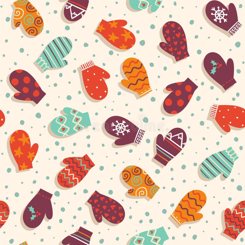 Seamless Pattern with Mittens and Snow Stock Vector - Illustration of ...