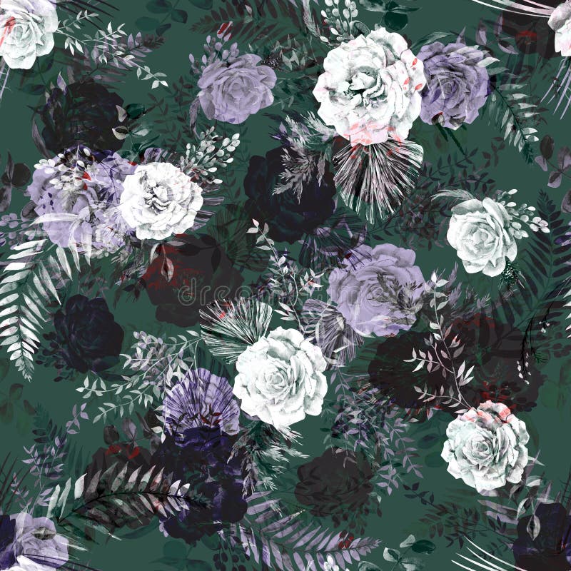 Seamless Pattern with Mix Realistic Silhouettes of Garden Roses and ...