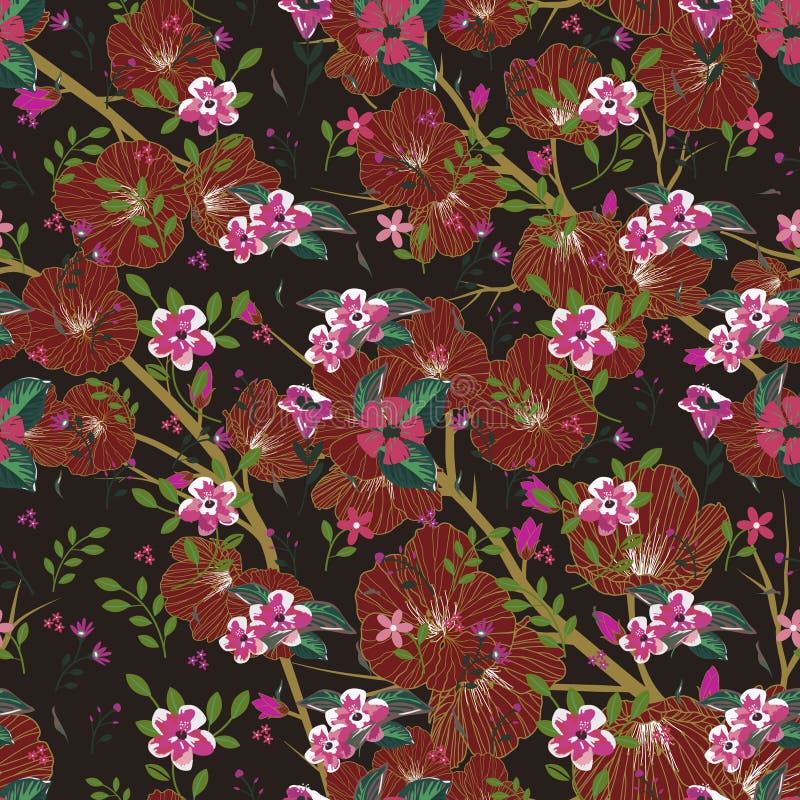 Seamless Pattern of Mixed Flowers Stock Illustration - Illustration of ...