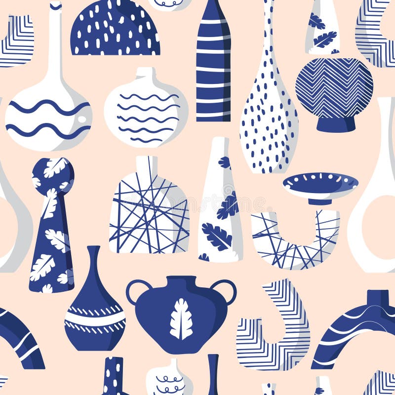 Seamless Pattern Modern Ceramic Vases with Abstract Various Doodle ...