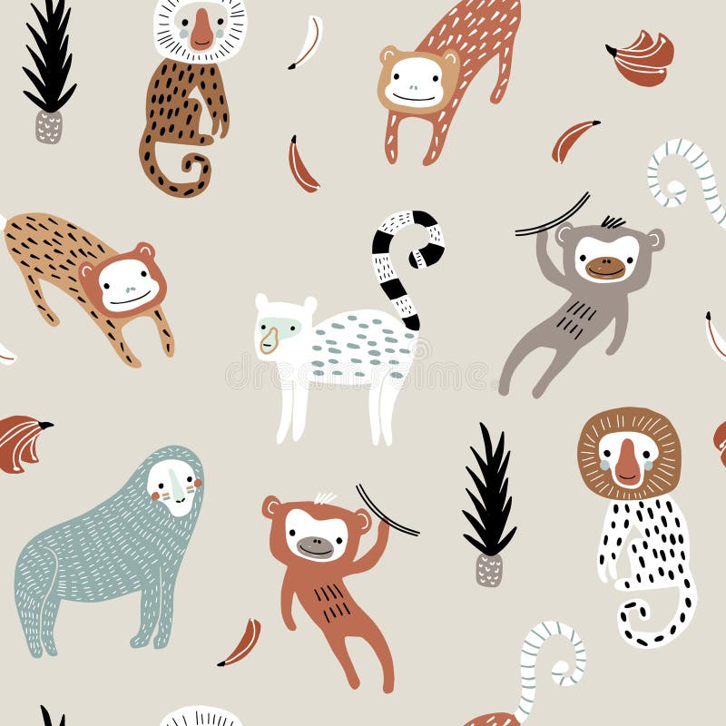 Seamless Pattern with Monkey. Creative Jungle Childish Texture Stock ...