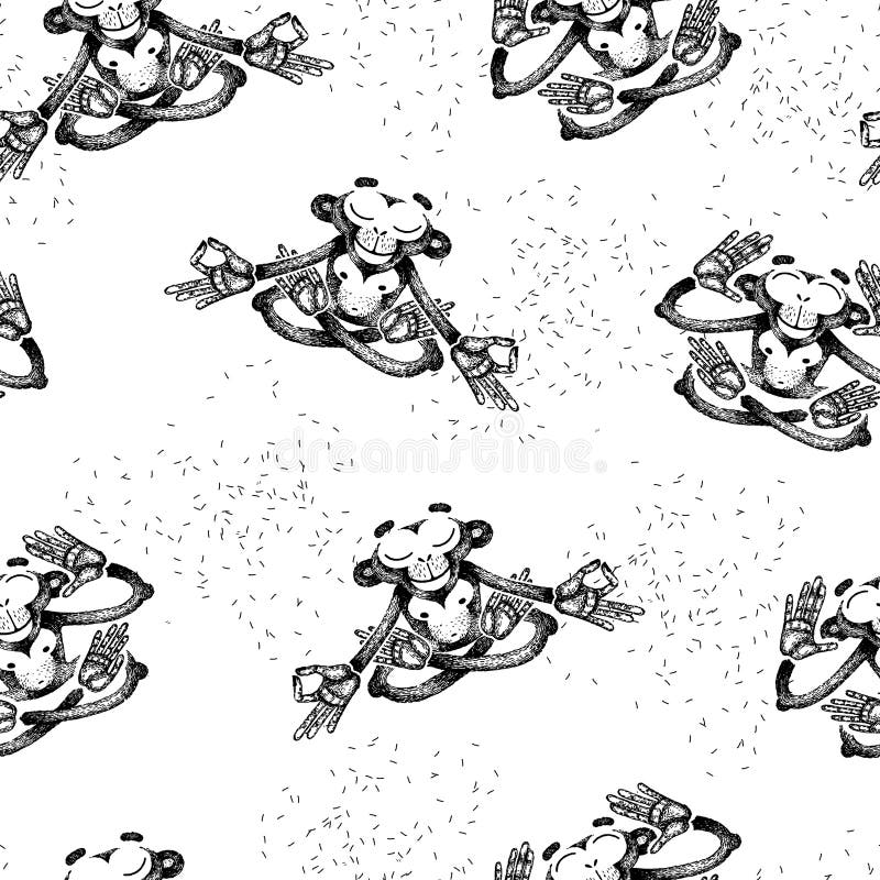 Seamless Pattern. Monkey Sits in Lotus Position, Meditating, Levitating ...