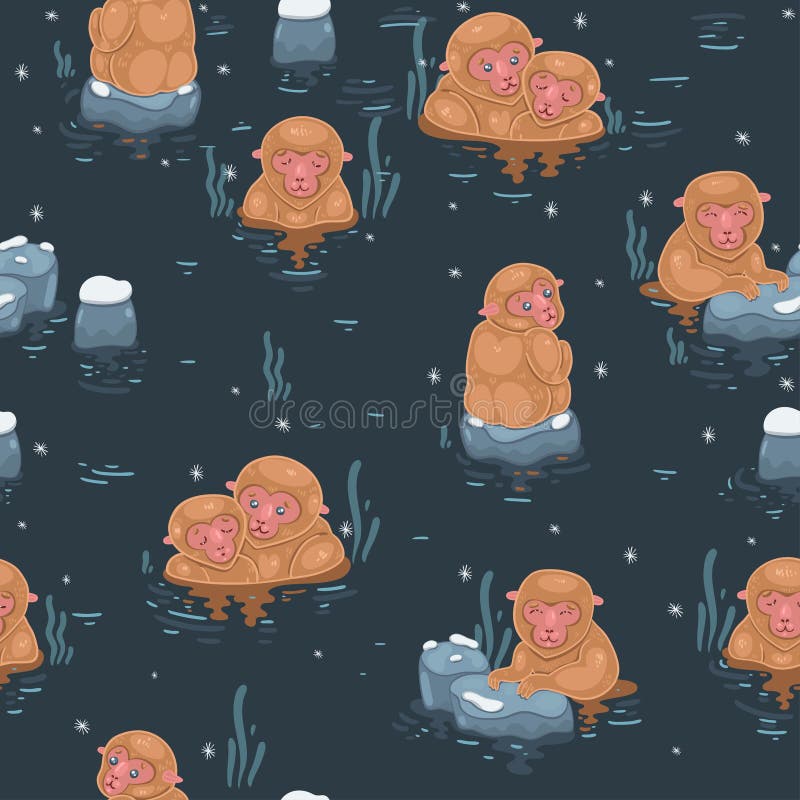 Seamless Pattern of Monkeys in a Hot Spring. Vector Graphics Stock ...