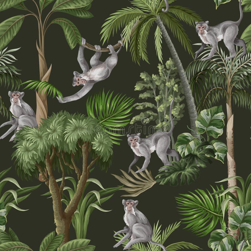 Seamless Pattern with Monkeys and Jungle Trees. Vector. Stock ...