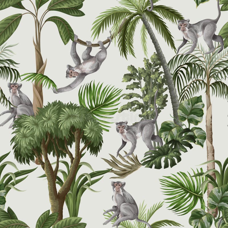 Seamless Pattern with Monkeys and Jungle Trees. Vector. Stock ...