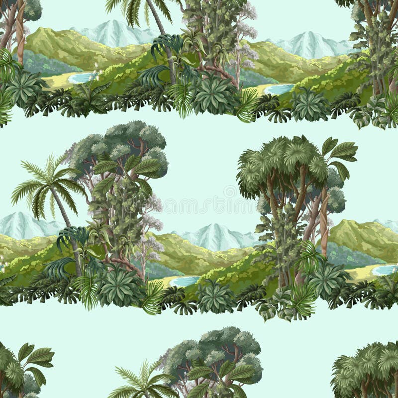 Seamless Pattern with Monochrome Jungle Forest. Palm Trees, Tropical ...
