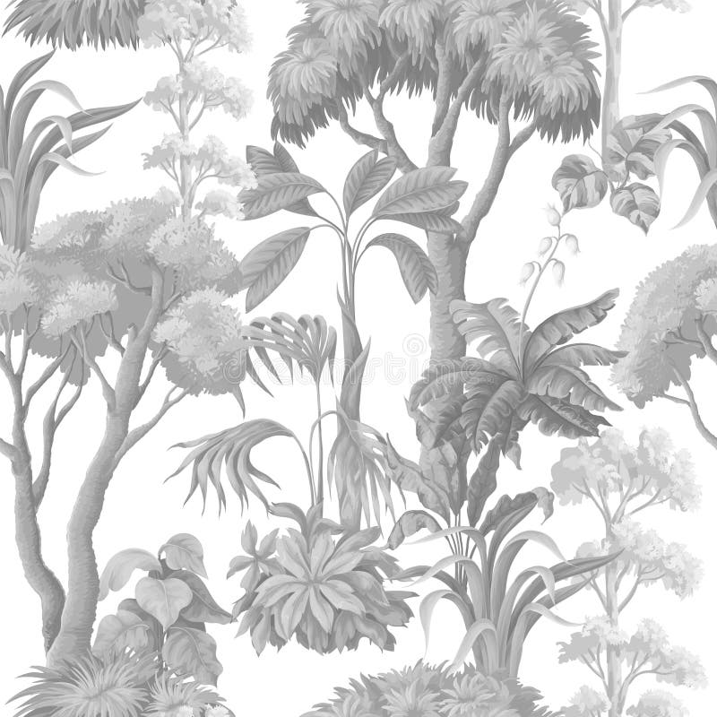 Seamless Pattern with Monochrome Jungle Trees and Plant. Vector. Stock ...