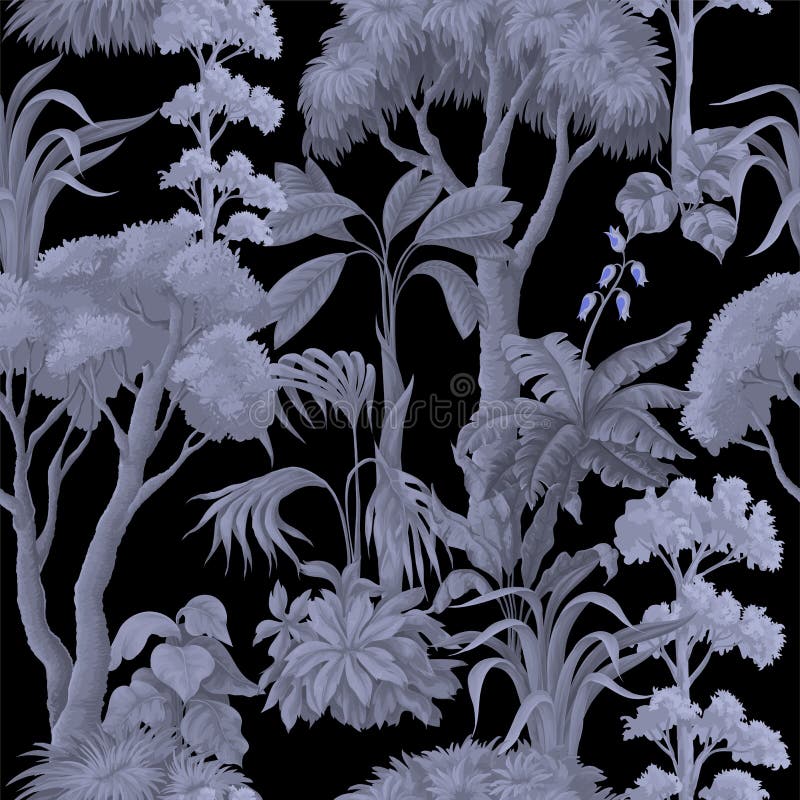 Seamless Pattern with Monochrome Jungle Trees and Plant. Vector. Stock ...