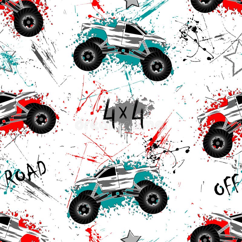 Seamless Pattern with Monster Track, Grunge Texture and Text. Stock ...