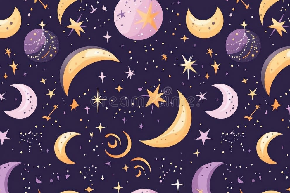 Seamless Pattern with Moons, Stars, and Planets on Dark Night Sky ...