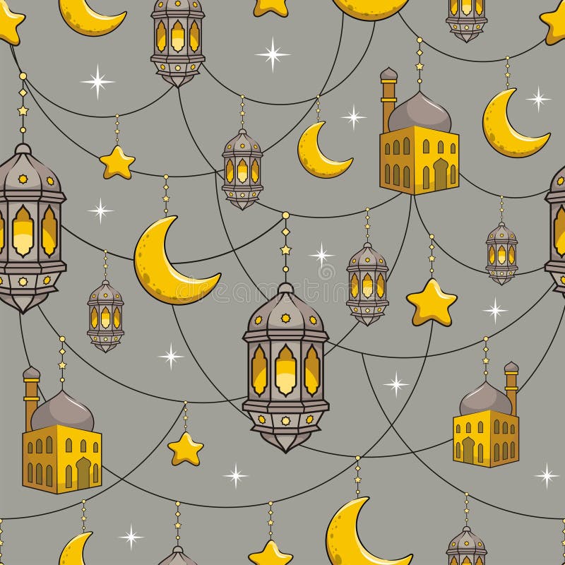 Seamless Pattern Mosque, Islamic Lantern, Moon, and Star. Cute Cartoon ...