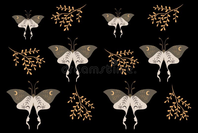 Seamless Pattern with Moths and Golden Branches Stock Illustration ...