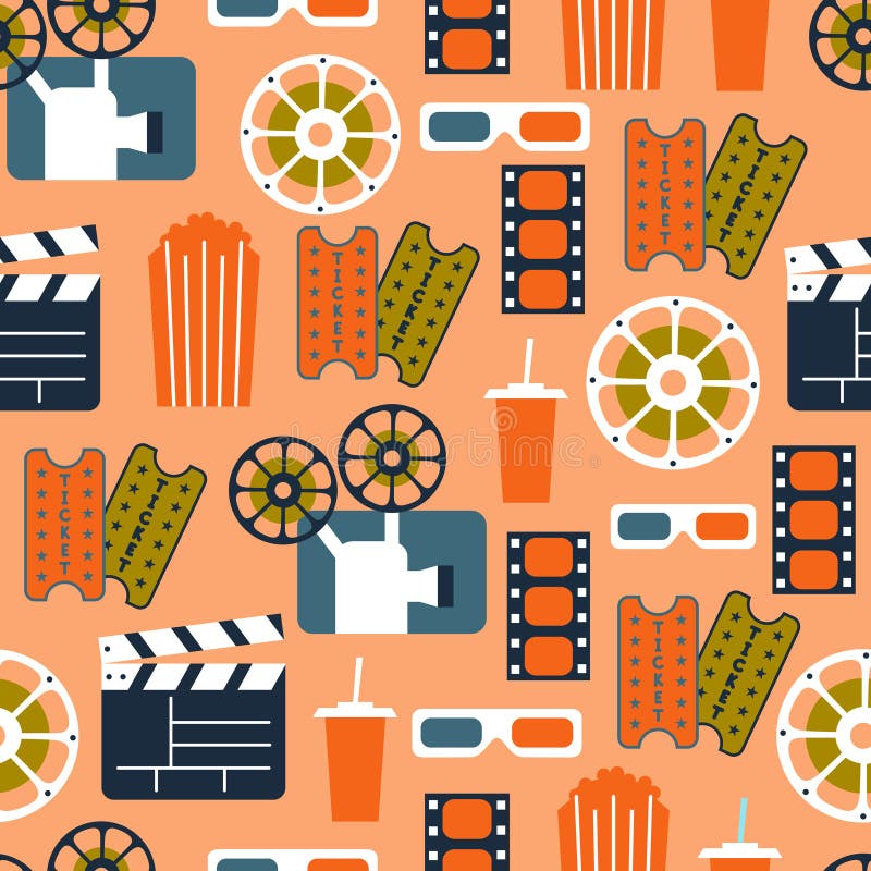 Seamless Pattern of Movie Elements and Cinema Icons Stock Vector ...