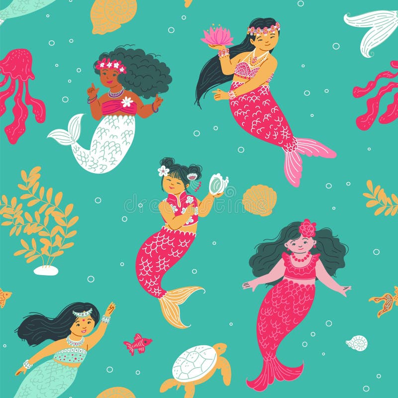Seamless Pattern with Multi Ethnic Mermaids and Seaweeds Flat Style ...