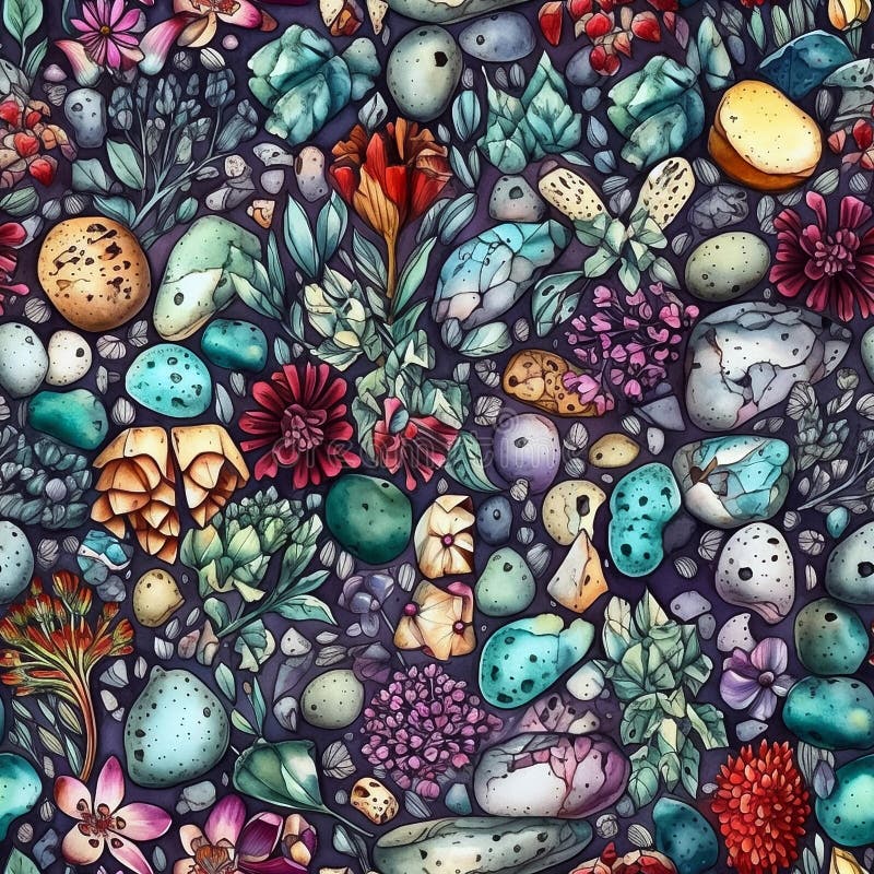 Seamless Pattern with Multicolor Amusing Pebbles and Wild Flowers ...