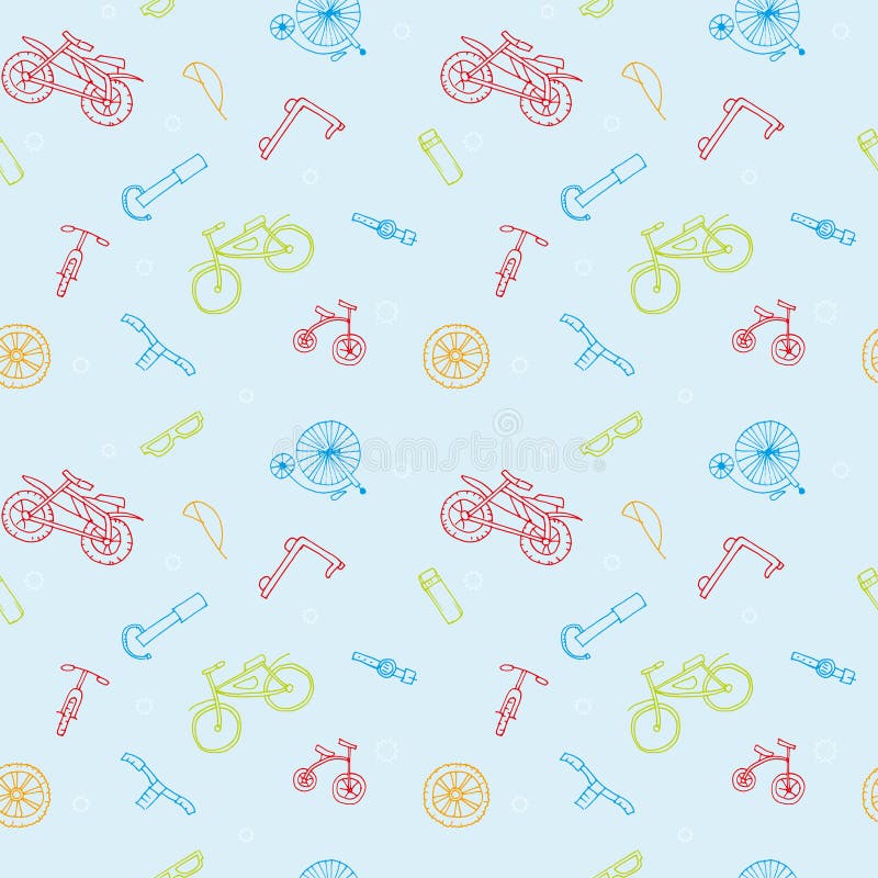 Seamless Pattern, Multicolored Bicycles, Scooters and Details on a Blue ...