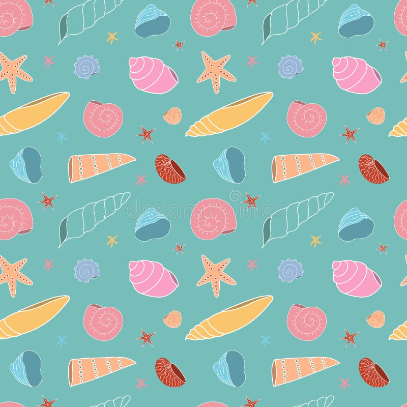 Seamless Pattern with Multicolored Seashells on a Green Background ...