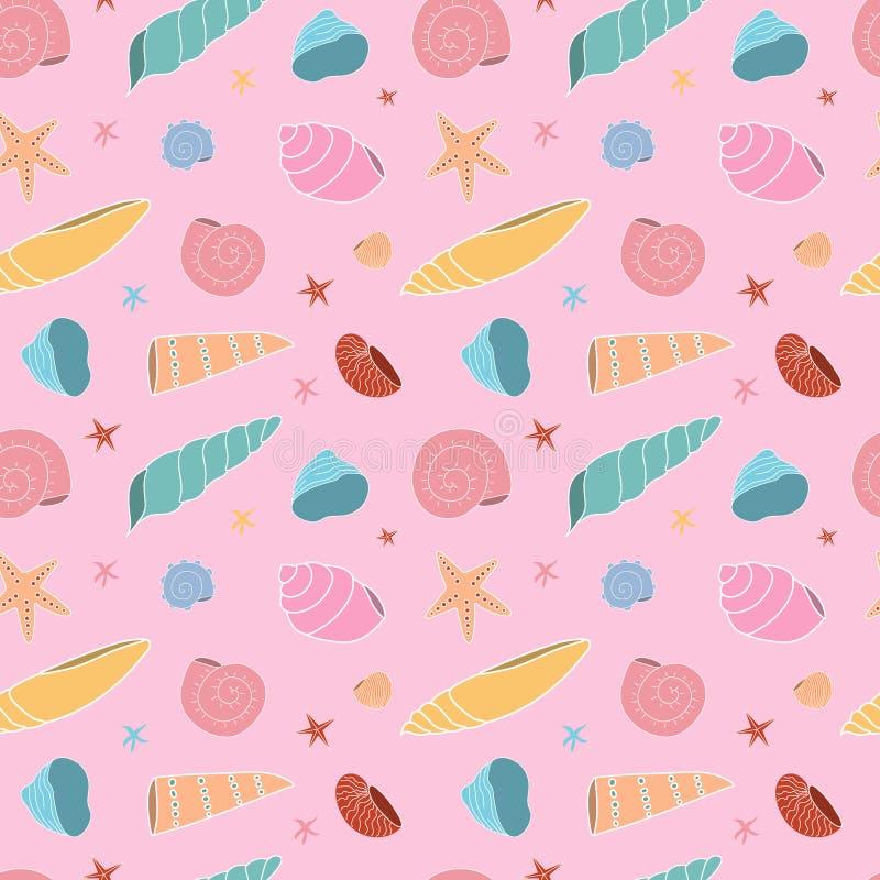 Seamless Pattern with Multicolored Seashells on a Pink Background ...