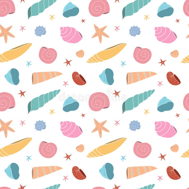 Seamless Pattern with Multicolored Seashells on a White Background ...