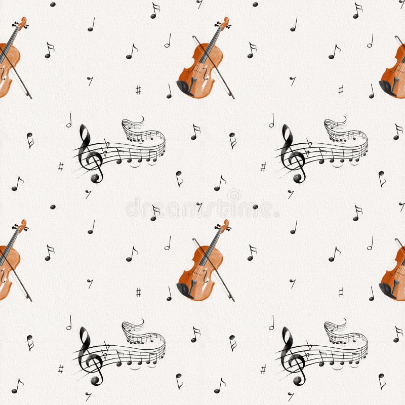 Seamless Pattern with Music Intrument Violin and Note in Watercolor ...