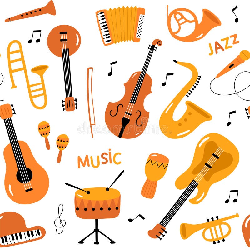 Seamless Pattern with Musical Instruments in Cartoon Style. Vector ...