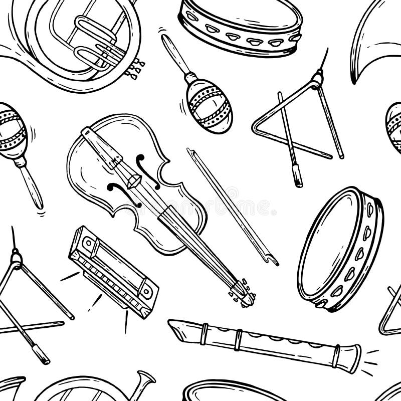 Seamless Pattern Musical Instruments Hand Drawn Vector Black and White ...
