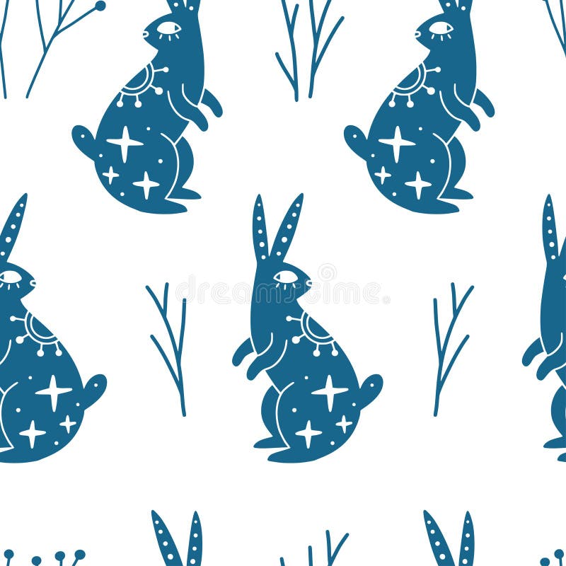 Seamless Pattern with Mystic Blue Rabbit or Hare and Branches Stock ...