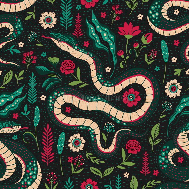 Seamless Pattern Mystical Magic Forest Snake Art Deco Botanical Flowers ...