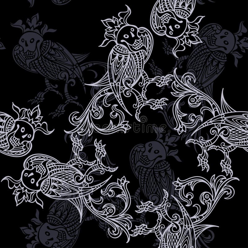 Seamless Pattern with Mythical Creatures on Black. Black and White ...